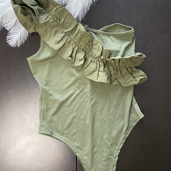 Tops | Olive Green One Shoulder Ruffle Trim Bodysuit | Poshmark
